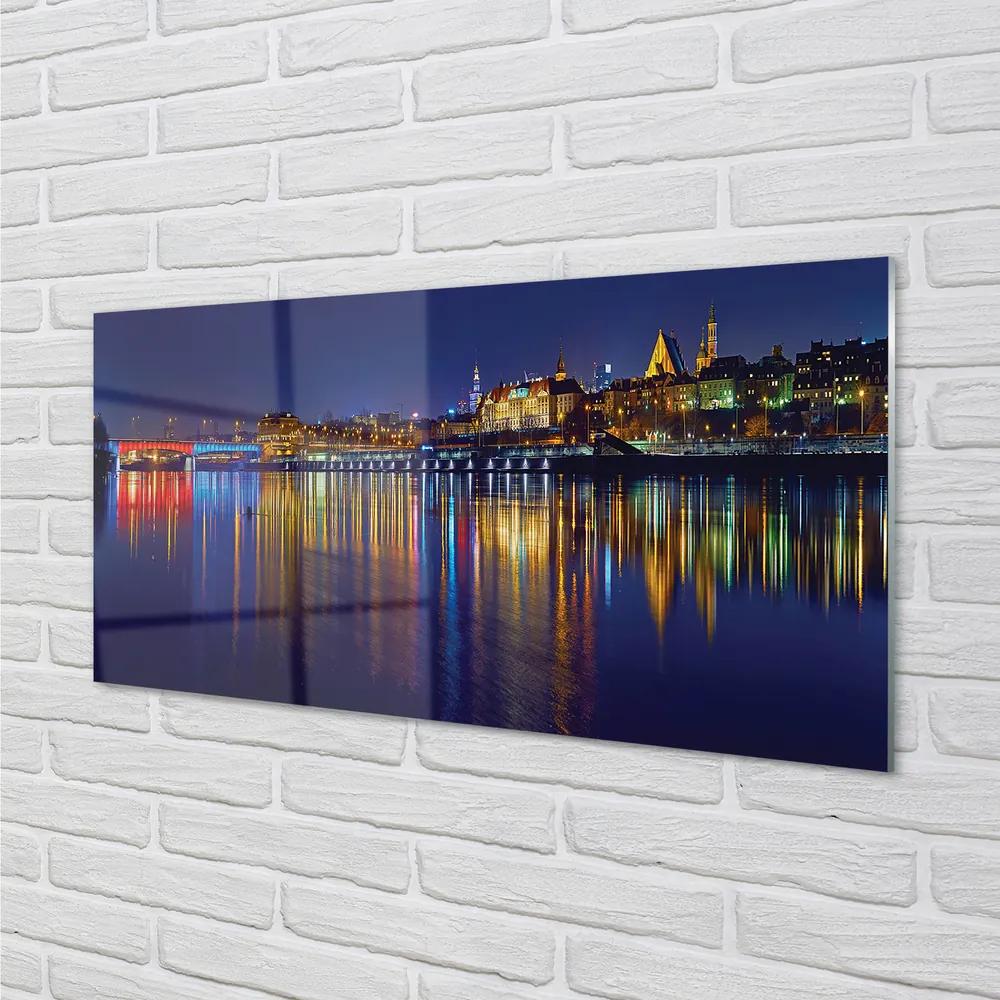 akrylový obraz Varšava město noc řeka most 140x70 cm