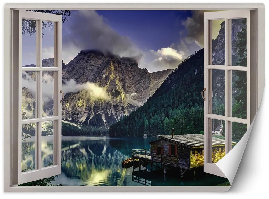 Gario Fototapeta Okno - pohled na jezero v horách Materiál: Vliesová, Rozměry: 140 x 100 cm