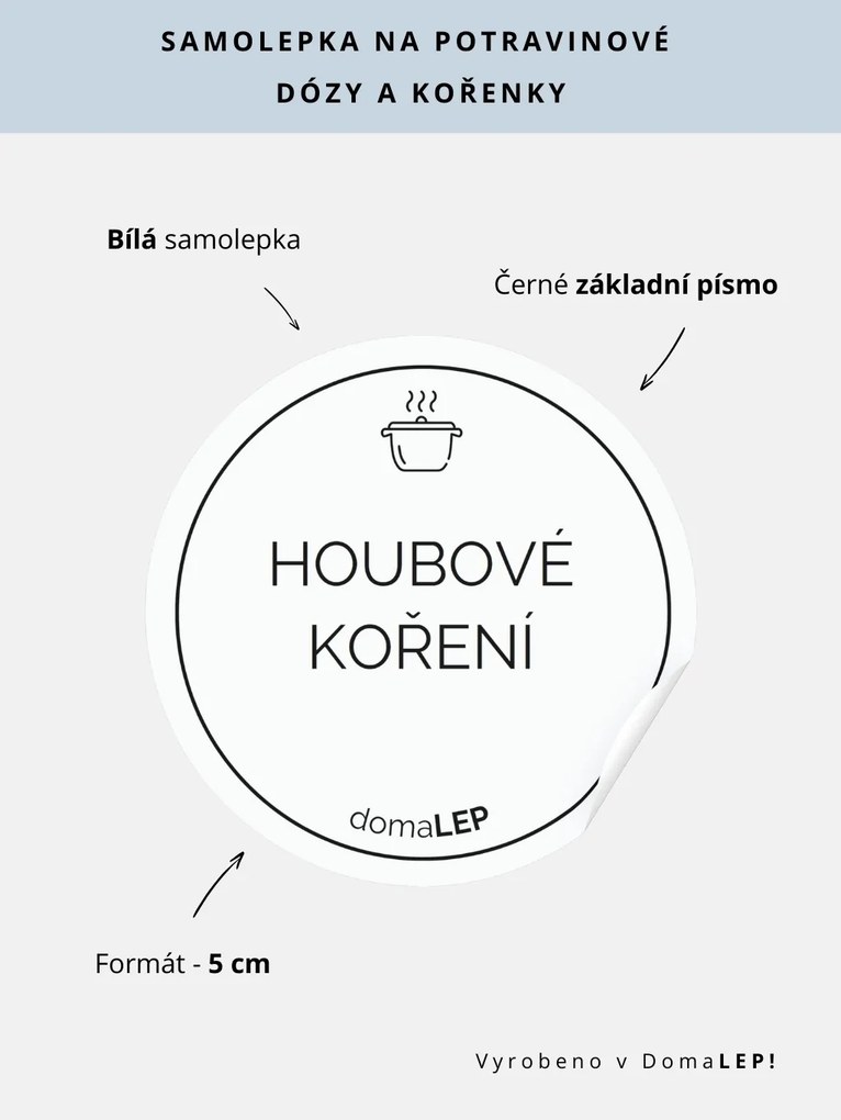 Samolepka na kořenky HOUBOVÉ KOŘENÍ bílá 5 cm základní písmo