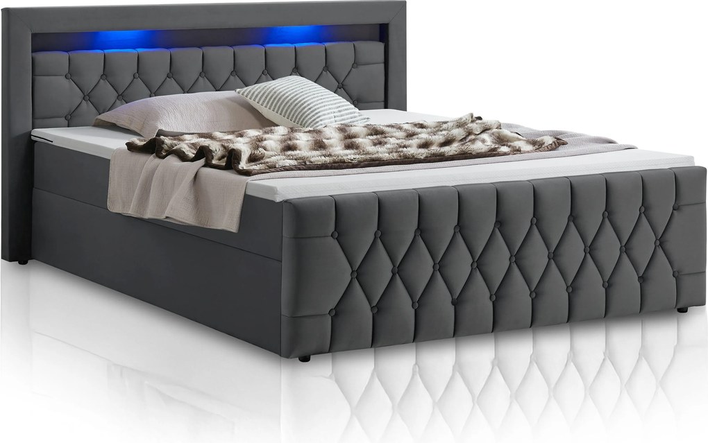 Juskys Postel boxspring Leona se sametovým potahem Barva: šedá, Velikost: 140 cm