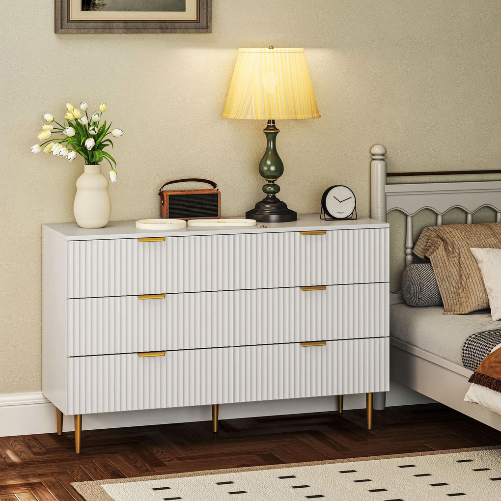 HOMCOM moderní komoda se 6 zásuvkami se zlatými úchyty, 120x40x76,5 cm, bílá