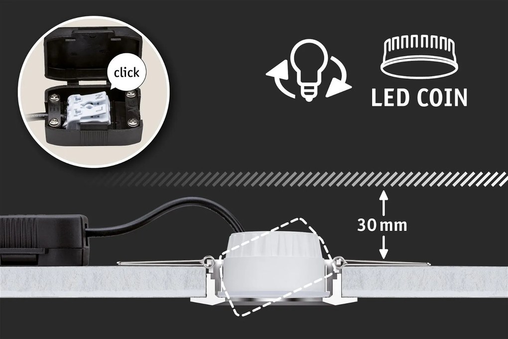 P 93082 LED vestavné svítidlo Nova Plus Coin základní sada výklopné IP65 kruhové 93mm 30° Coin 3x6W 230V stmívatelné 2700K černá mat - PAULMANN