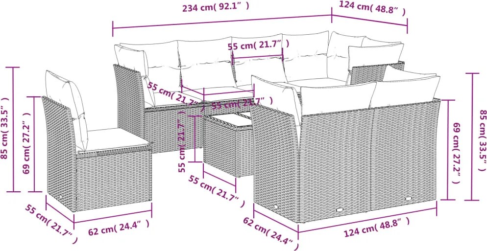 9dílná zahradní sedací souprava s poduškami černá polyratan 3249774