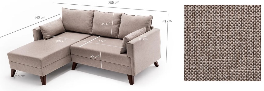 Hanah Home Dvoumístná pohovka BELLA krémová levá 205 cm s taburetem 825BLC1510