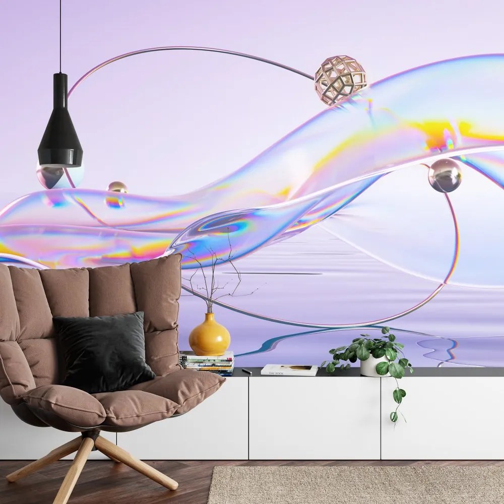 Fototapeta Abstract 3D Render. Glass Ribbon On Water With Geometric Circle And Spheres. Holographic Shape In Motion. Iridescent Digital Art For Banner Background, Wallpaper. Transparent Glossy Design Element. Omyvatelný vlies 254x184