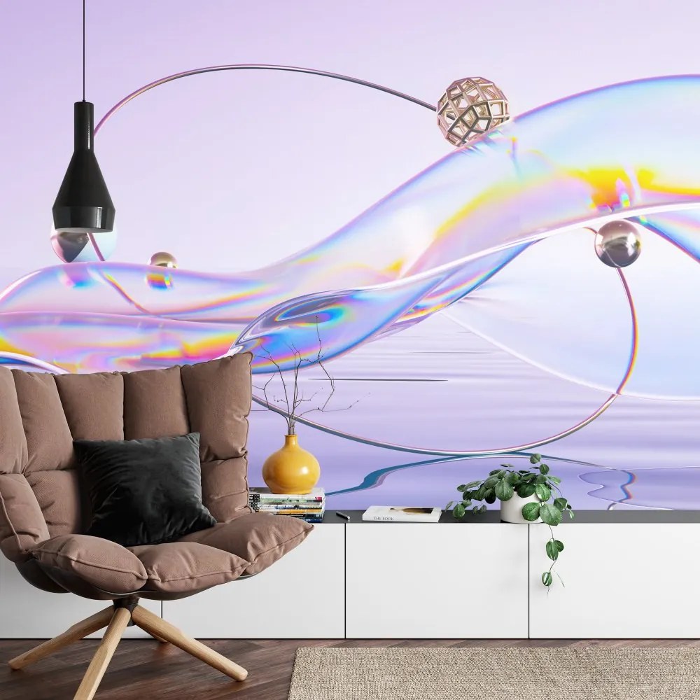 Fototapeta Abstract 3D Render. Glass Ribbon On Water With Geometric Circle And Spheres. Holographic Shape In Motion. Iridescent Digital Art For Banner Background, Wallpaper. Transparent Glossy Design Element. Samolepící tapety 270x180
