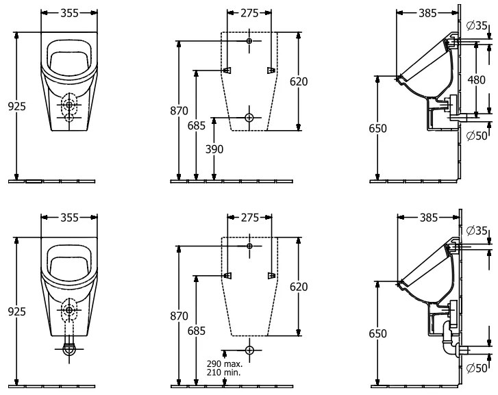 VILLEROY & BOCH Villeroy &amp; Boch ARCHITECTURA - Odsávací pisoár, 355x385 mm, přívod vody skrytý, bílá alpin 55740001