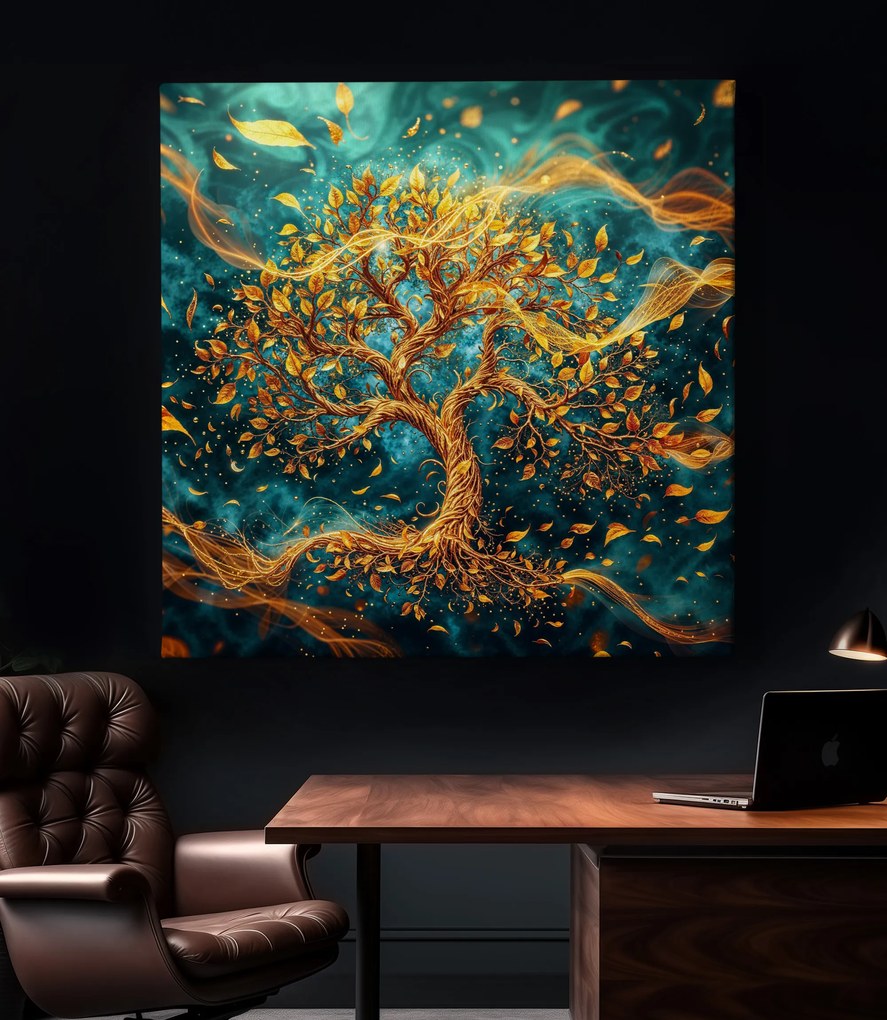 Obraz na plátně - Strom života Zlaté vlnky FeelHappy.cz Velikost obrazu: 100 x 100 cm