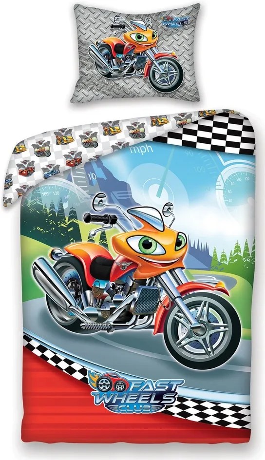 Halantex Dětské bavlněné povlečení Fast Wheel Club moto, 140 x 200, 70 x 90 cm