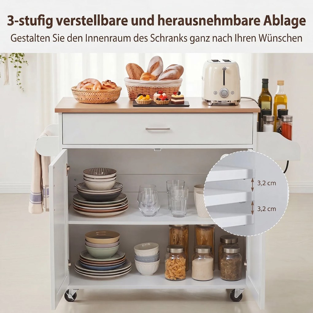 Costway Kuchyňský vozík s držákem, kořenkou a zásuvkou, bílý