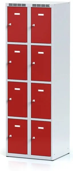 Šatní skříňka S6 s úložnými boxy, 8 boxů, 1800 x 600 x 500 mm, otočný zámek, červené dveře