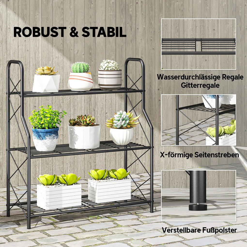 třípatrový stojan na rostliny, výška 78 cm Stojan na květiny s držadly, kovový stojan na rostliny černý