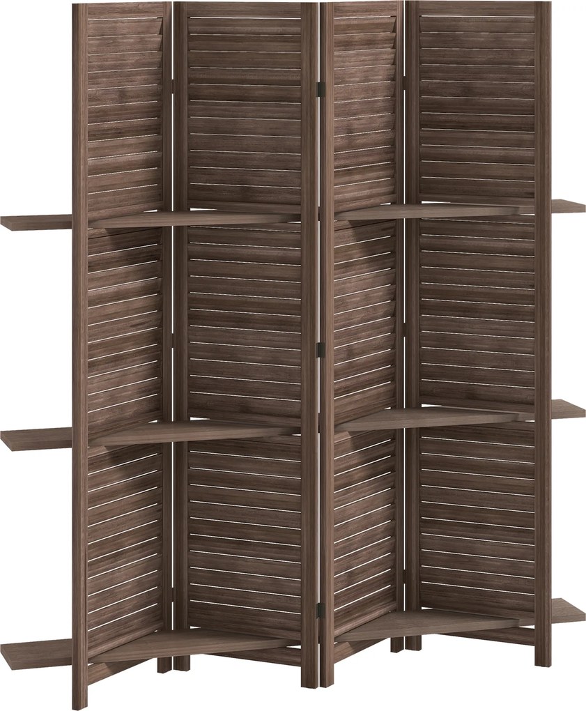 HOMCOM dřevěná vnitřní paravánka 4 panely 160 x 170 cm, skládací přepážka s 3 policemi, ořech