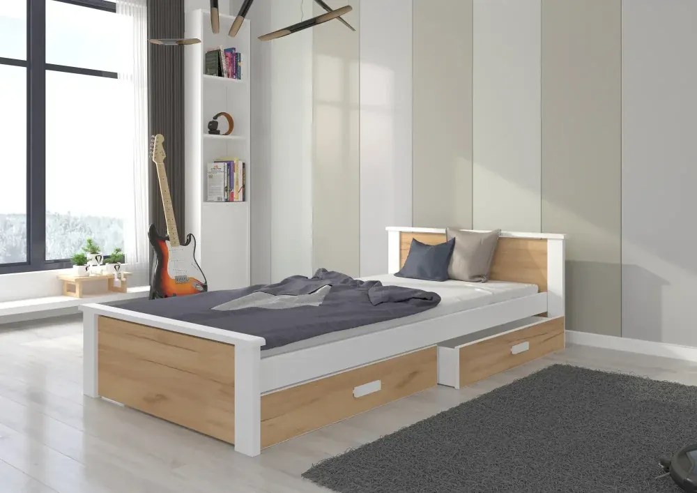 Postel ALDEX 180x80 – zlatý dub (86 x 72) cm – 2 zásuvky na lůžkoviny místo další komody