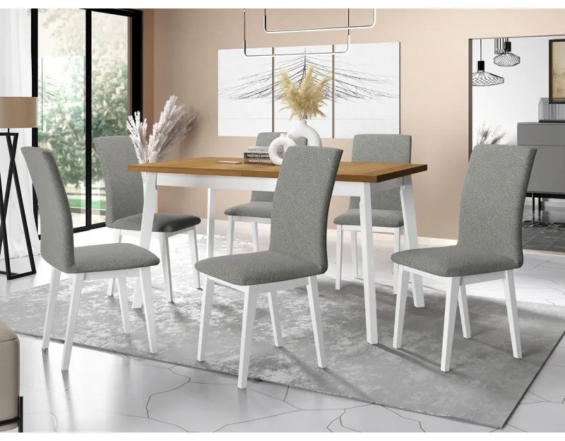 Jídelní stůl se 6 židlemi AL23, Barva dřeva: dub artisan - L, Potah: Hygge D91, Barvy nožiček: Bíla