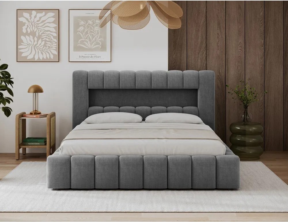 Šedá čalouněná dvoulůžková postel s úložným prostorem s roštem 180x200 cm Lamica – ELTAP