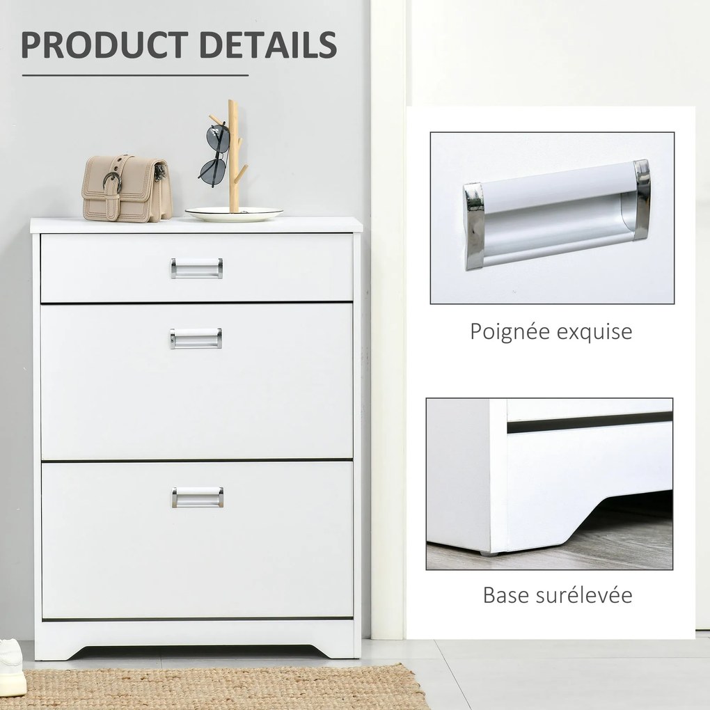 HOMCOM Botník s 2 skládacími zásuvkami, nastavitelnou policí + 1 zásuvkou + 1 pracovní plochou pro až 16 párů, 70cm x 29cm x 92cm, Bílý