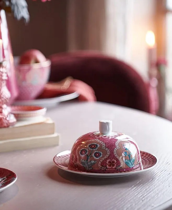 Pip Studio Flower Festival máselnice 17x8cm, tmavě růžová (Kulatá máslenka z tenkostěnného porcelánu)