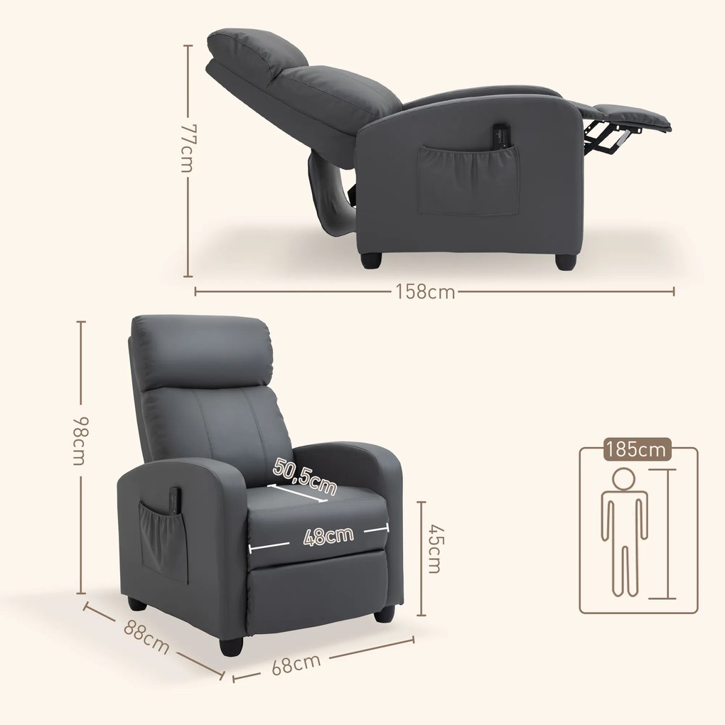 HOMCOM Relaxační křeslo, televizní křeslo s vibrační masáží, polohovací funkcí, 2 masážní body, dálkové ovládání, 68 x 88 x 98 cm Šedá