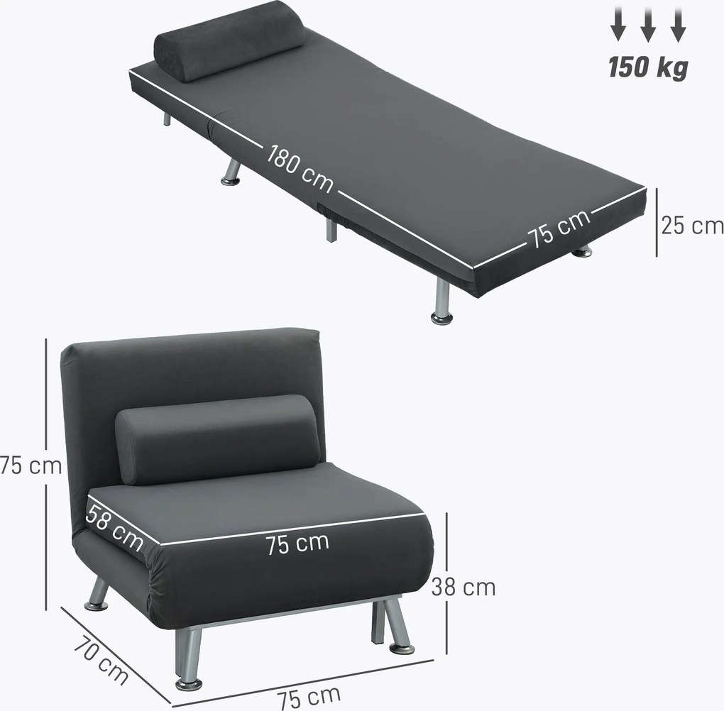 HOMCOM Skládací křeslo s funkcí postele, skládací polohovací křeslo v sametovém stylu, nastavitelná opěradla, 75 x 70 x 75 cm, tmavě šedá