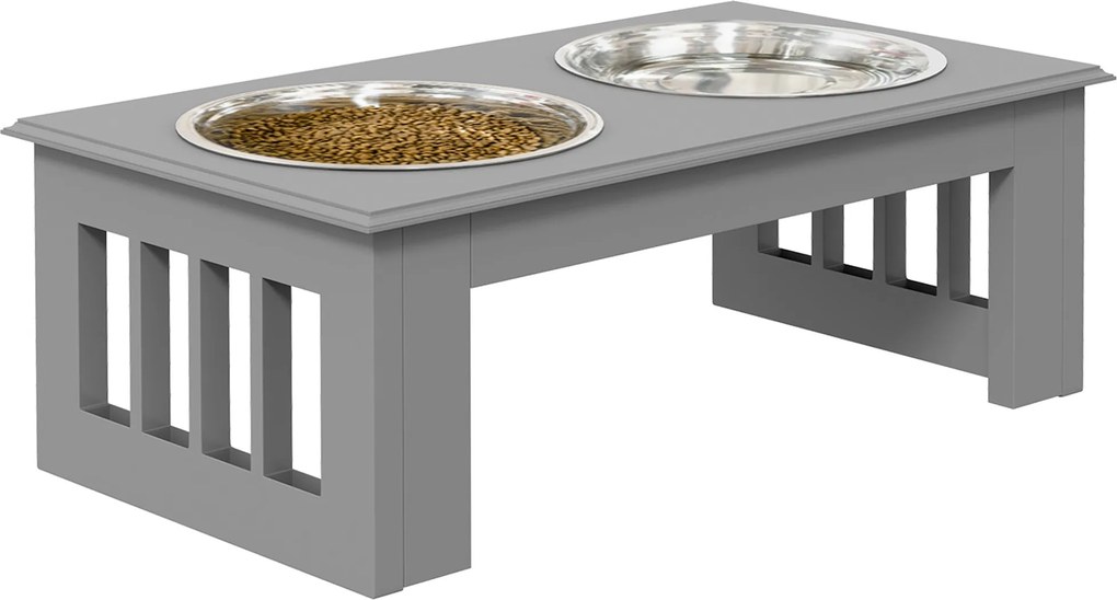 PawHut Zvýšená krmící stanice pro psy s 2 miskami - 2 x 900ml nerezové misky pro vodu a krmivo - ideální pro malé psy a kočky - Šedá | Aosom