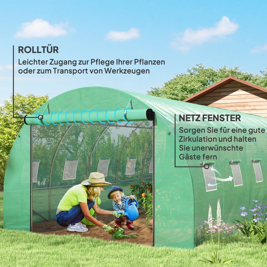Outsunny Polytunelový skleník s plastovým krytem a ocelovým rámem, průchozí skleníkový stan s rolovacími dveřmi, zelený