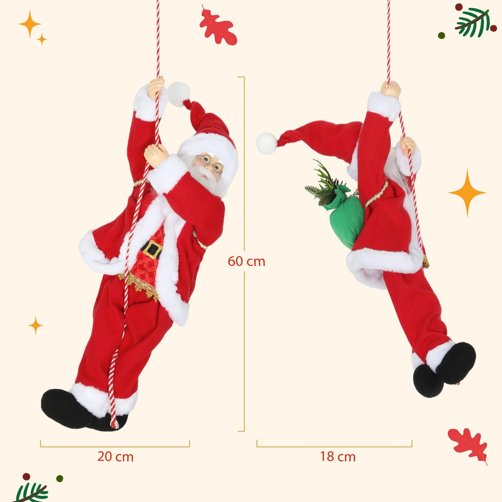 HOMCOM Santa Claus 60 cm zpívající a lezoucí Santa Claus s dárkem, lanová zvuková funkce do interiéru, červený