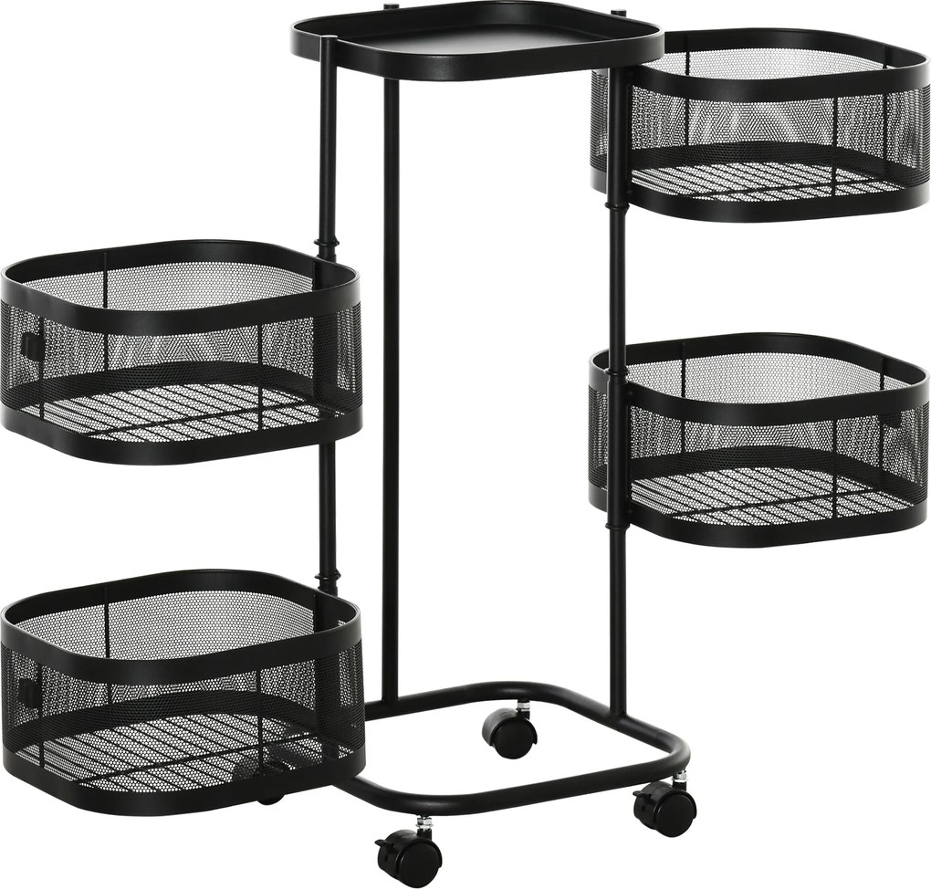 HOMCOM Servírovací vozík se 4 drátěnými koši, horní policí a otočnými kolečky, ocel a PP plast, 33x33x77cm, černý | Aosom