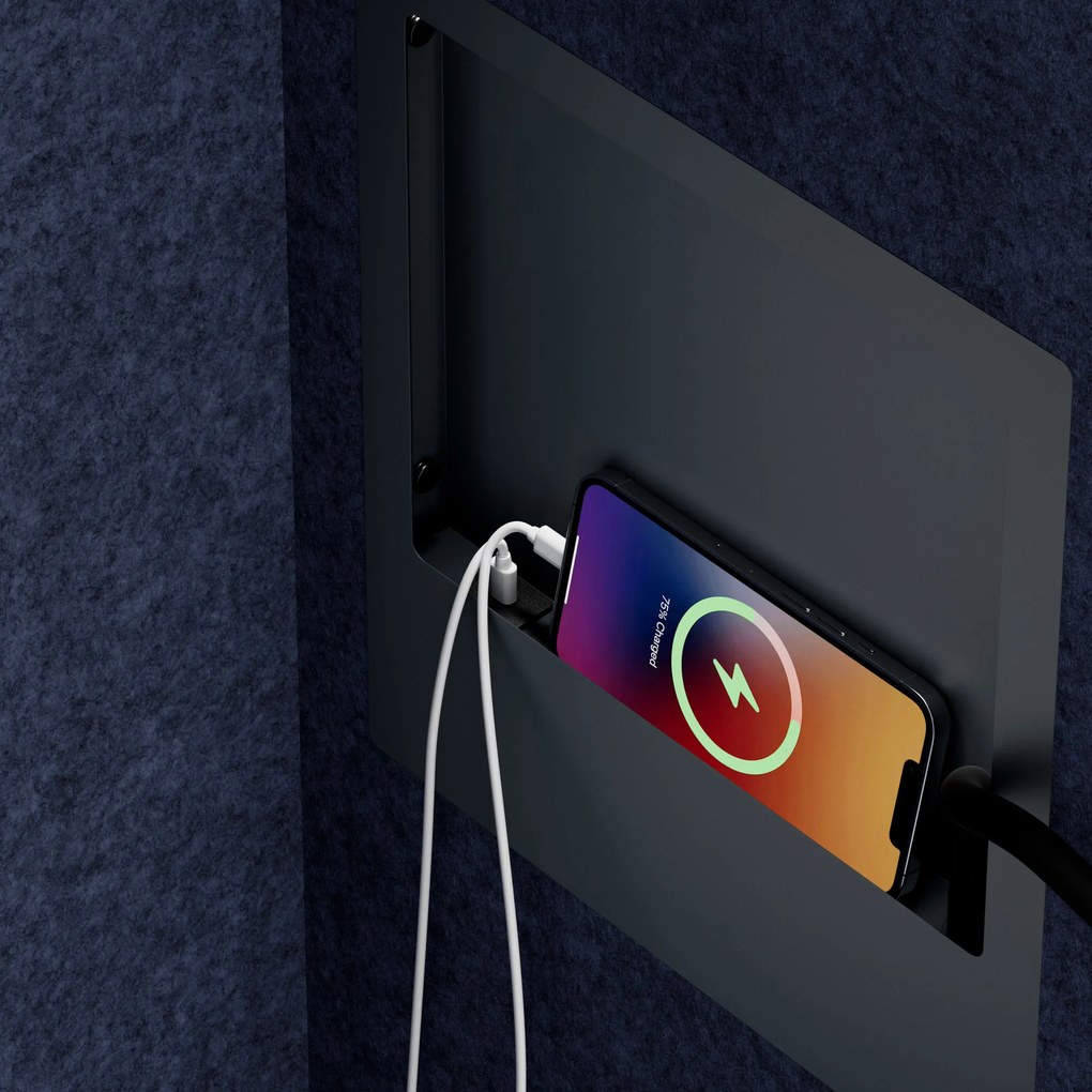 Kancelářská akustická kabina se sedátkem a USB-C portem, korpus antracitový / sedák námořnická modrá, 600 mm: SALLY MentalBox