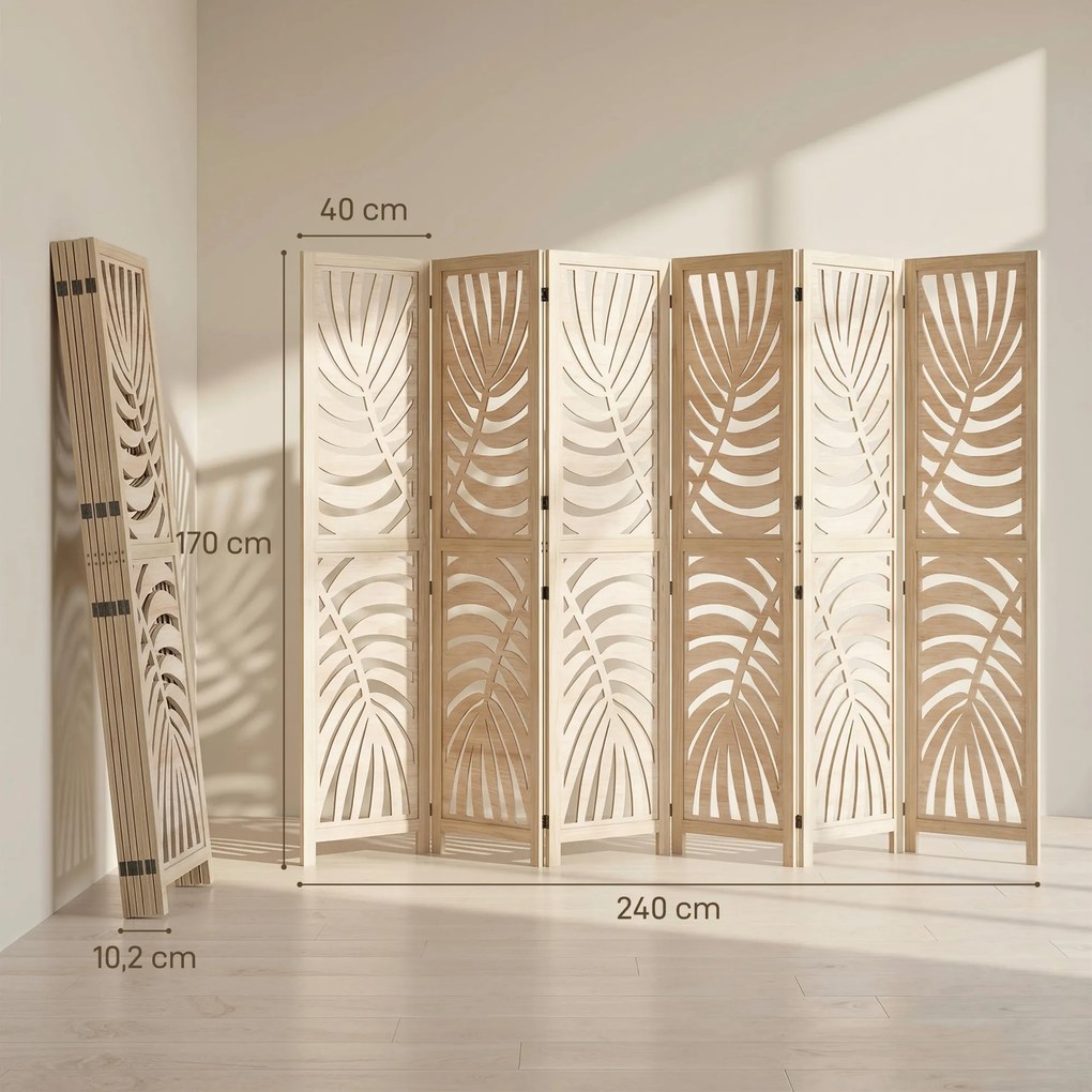 HOMCOM Paraván do interiéru ze dřeva 6 panelů 240 x 170 cm, skládací a přenosný, motiv listů, odnímatelný design, přírodní dřevo