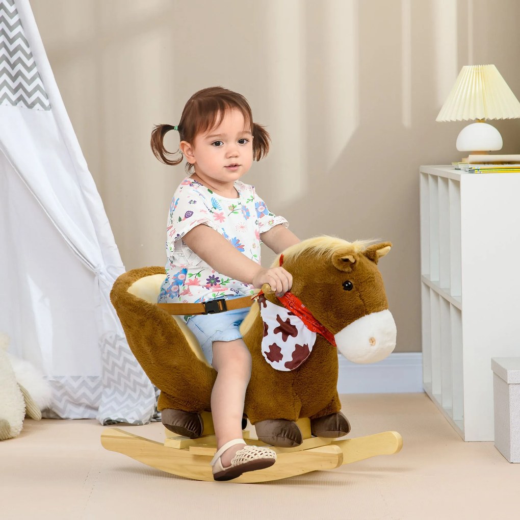 HOMCOM Houpací kůň pro děti 18-36 měsíců s dětskými zvuky, bezpečnostním pásem, řídítky a podnožkou, nosnost 40 kg, 60x33x50 cm, hnědý