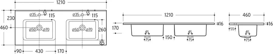 Comad Nábytkové keramické dvojumyvadlo GO 120D/DP -8095, 121x46 cm, bílá lesklá
