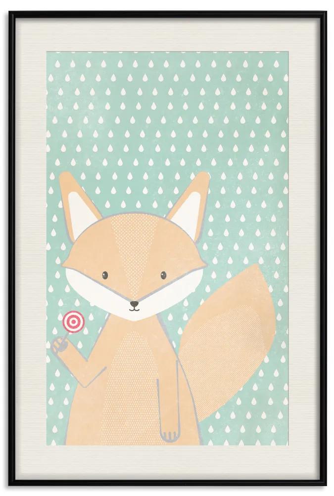 Plakát Malá Liška - veselé zvíře s lízátkem v ruce na stěně s puntíky