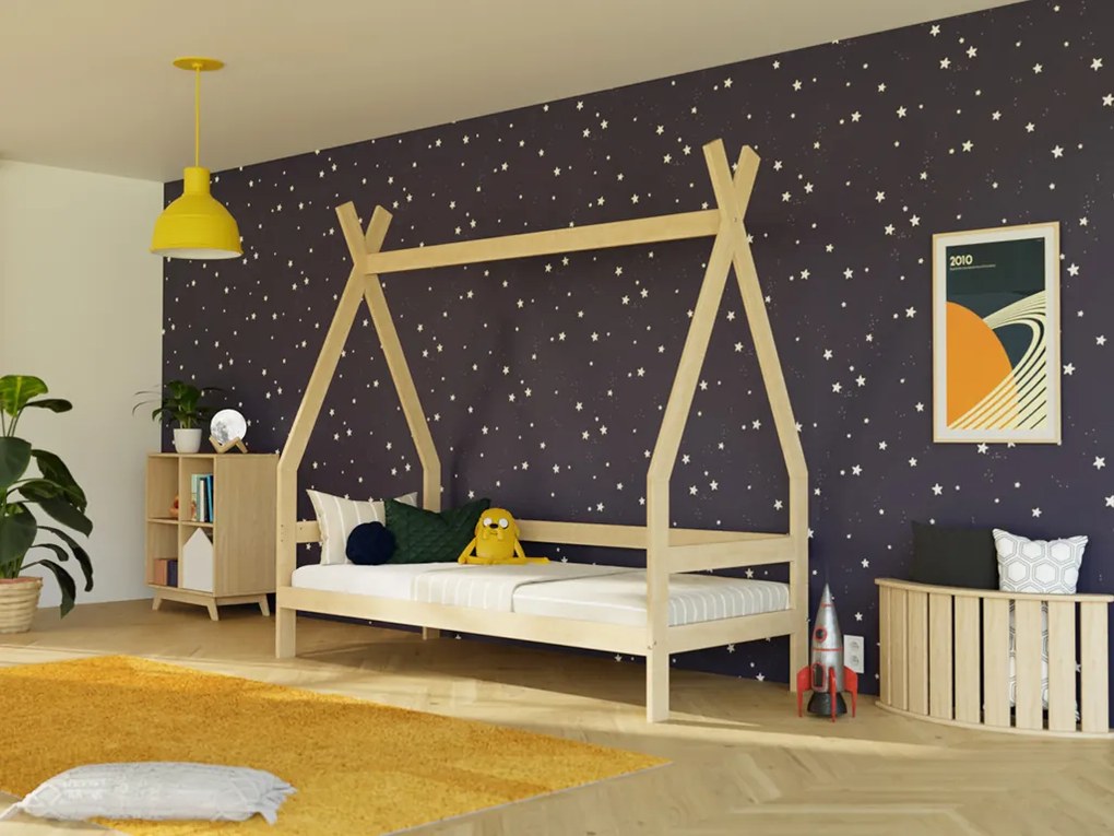 Benlemi Dětská dřevěná postel SAFE 5v1 ve tvaru teepee se zábranou Zvolte barvu: Pastelově růžová, Zvolte rozměr: 90x190 cm, Zvolte zábranu: S otevřeným vstupem