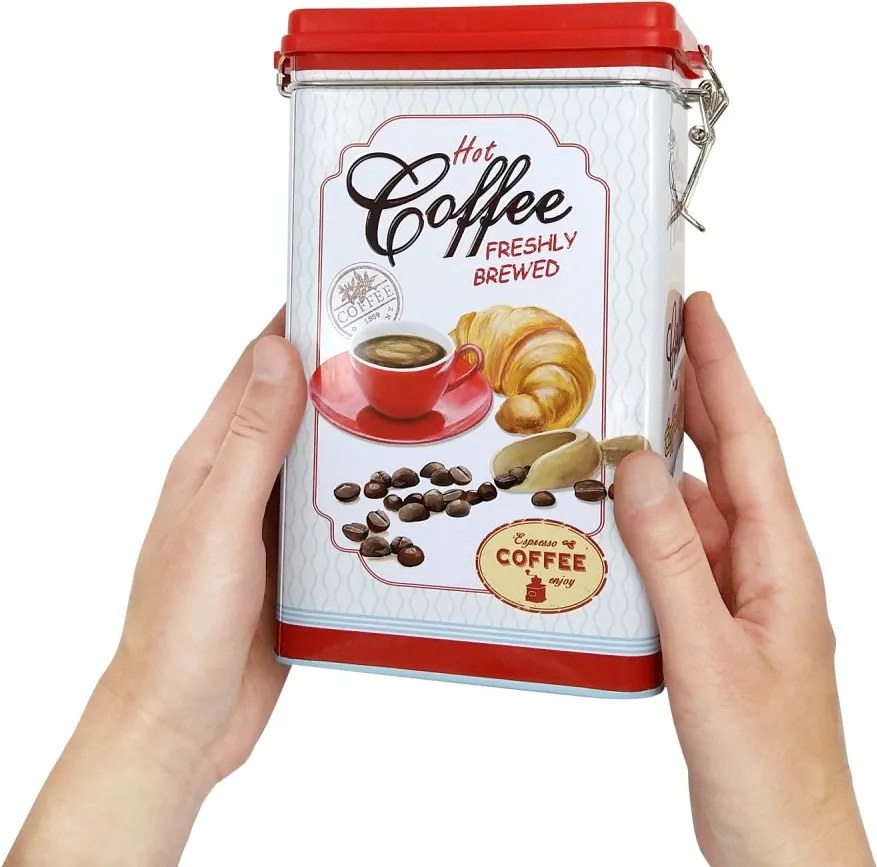 Plechová dóza Kávová zrna, 500 g – bílá a červená, lesklý povrch, s patentním uzávěrem, na kávu, bylinky, těstoviny a drobnosti
