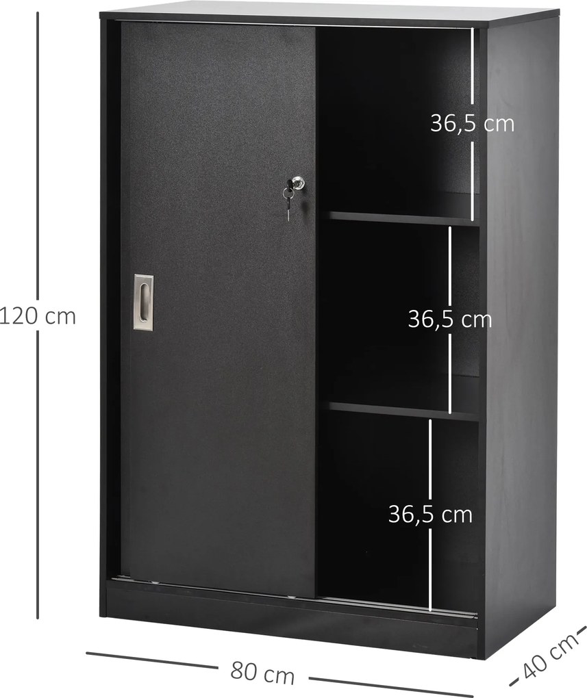 HOMCOM Zamykatelný kancelářský skříň s posuvnými dveřmi rozměry 80Š x 40H x 120V cm 2 police Dřevotříska Černá