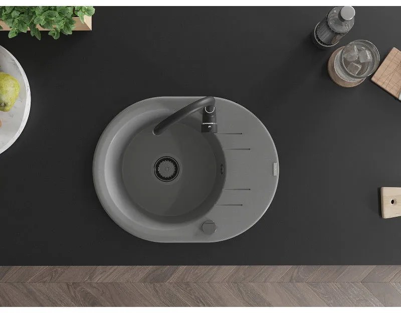 Mexen Kevin, granitový dřez 586x458x190 mm, 1-komorový, šedá s černým sifonem, 6517581005-71-B