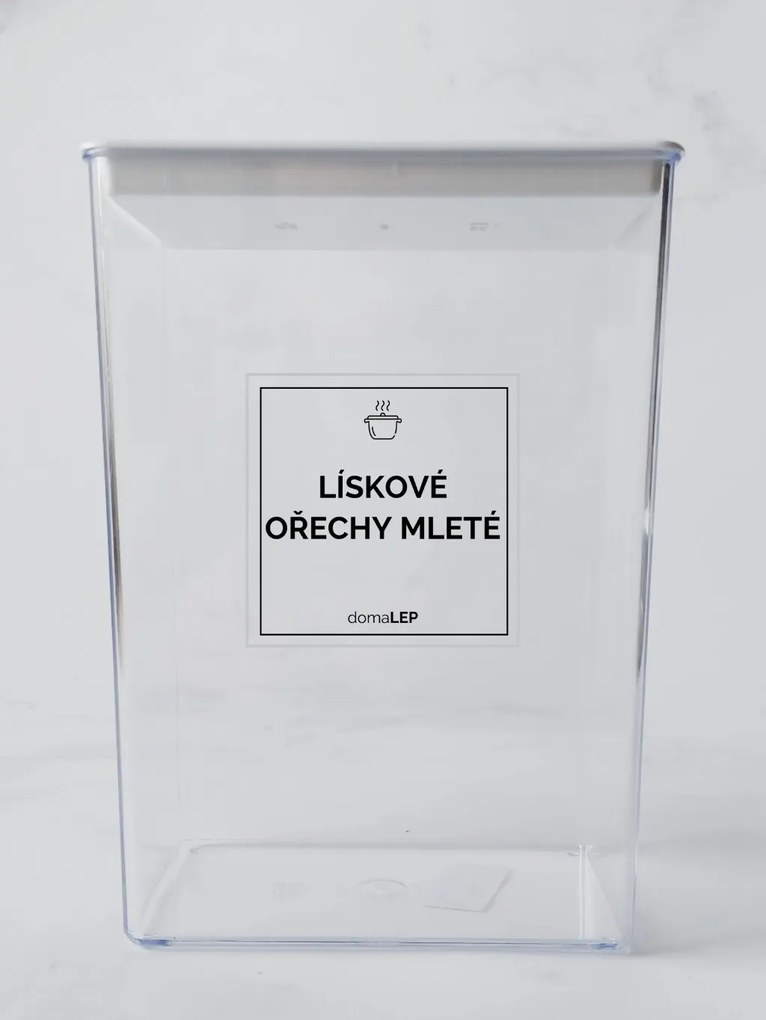 LÍSKOVÉ OŘECHY – průhledná samolepka na dózu, tučné písmo, 5 x 5 cm | DomaLEP
