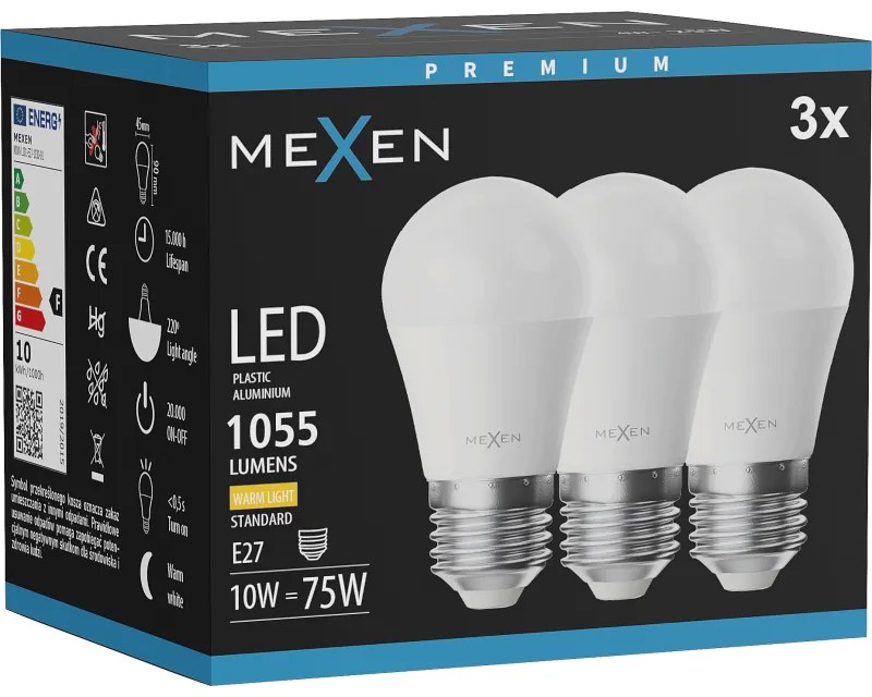 Mexen Nova 3x LED žárovka E27, G45, 10W, Teplá - 3000K, 1055 lm - L101-E27-1030-01x03
