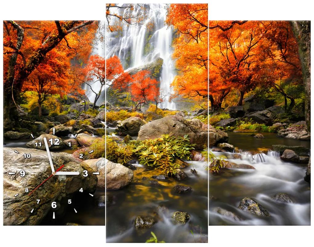 Gario Obraz s hodinami Podzimní vodopád - 3 dílný Rozměry: 90 x 70 cm