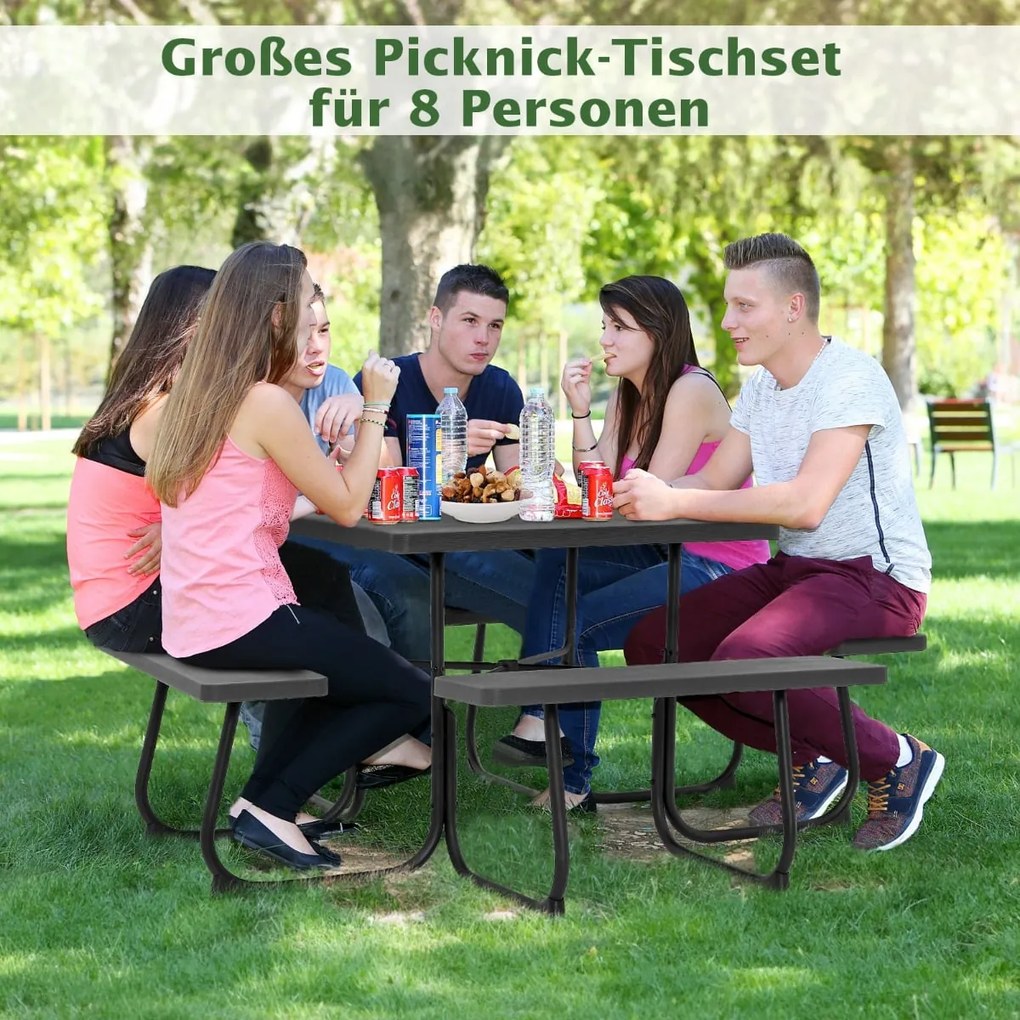 Costway Kulatý piknikový stůl s 4 lavicemi a otvorem na deštník pro 8 – černý