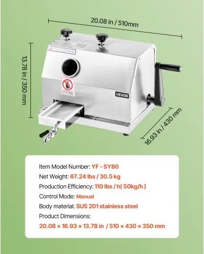Komerční odšťavňovač na cukrovou třtinu Výkon 49,9 kg/H 3 válce 6,1 cm vstup