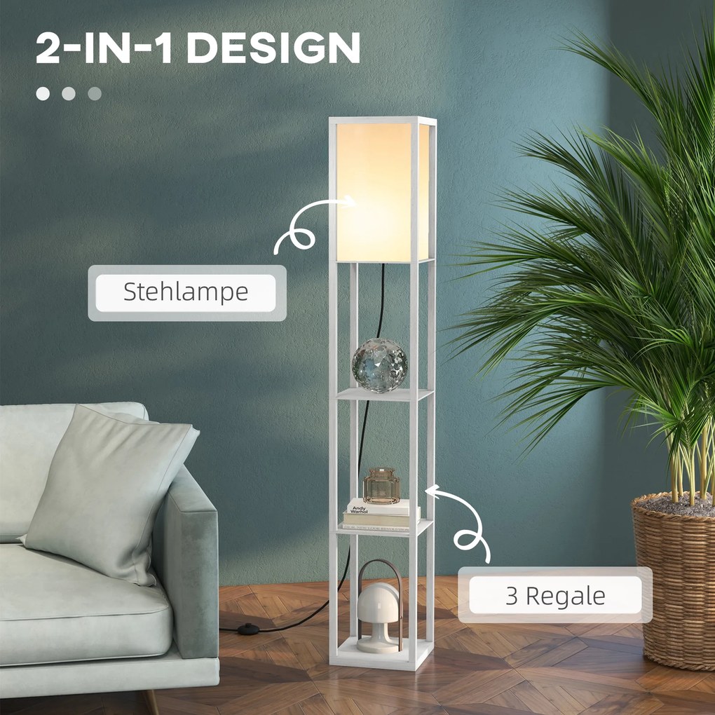HOMCOM Stojací lampa elegantní stojací lampa se 3 policemi E27 do 40W pro obývací pokoj a ložnici E1 MDF akryl bílá 26x26x160cm | Aosom.de