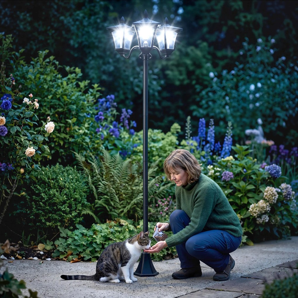 Outsunny solární zahradní lucerna se 3 plameny lucerna solární lucerna osvětlení cesty s LED 120 lumenů IP44 201 nerezová ocel černá 51,5 x 47 x 182,…