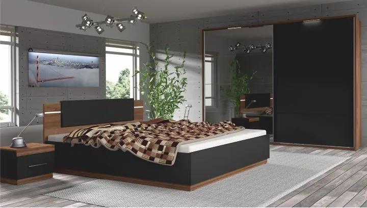 Ložnicový komplet (skříň + postel + 2x noční stolek), ořech a černá, DEGAS