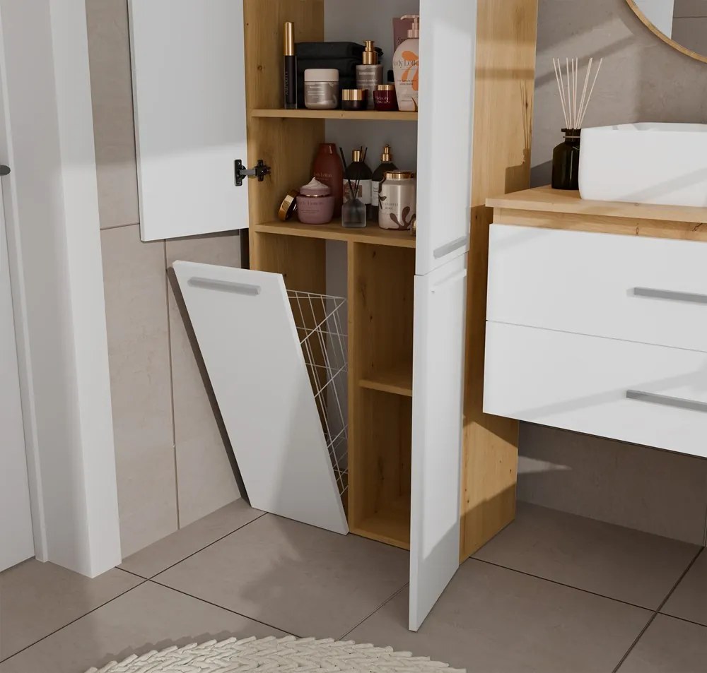 Koupelnový sloupek s košem na prádlo NEL 1K DD bílá/dub artisan