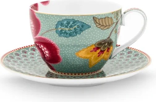 Pip Studio Blooming Tales cappuccino šálek s podšálkem 270ml, modrý (Stylový cappuccino šálek s podšálkem)