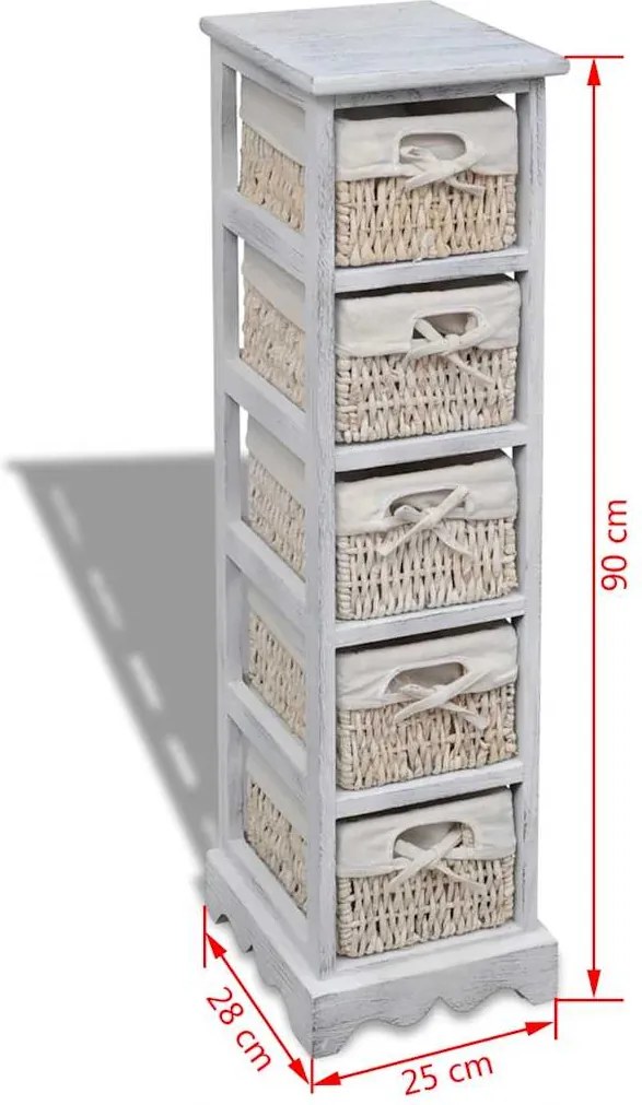 Dřevěný úložný regál s 5 proutěnými košíky bílý 240798