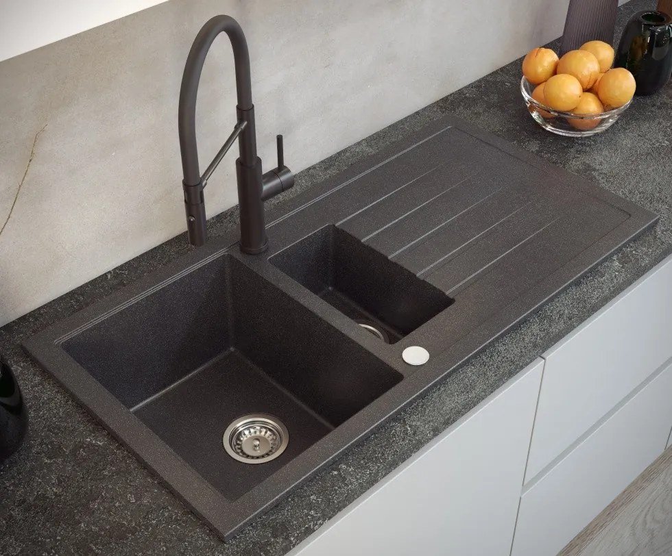 Černý 1,5 komorový kuchyňský granitový dřez QUADRON BRUCE 156 bez baterie