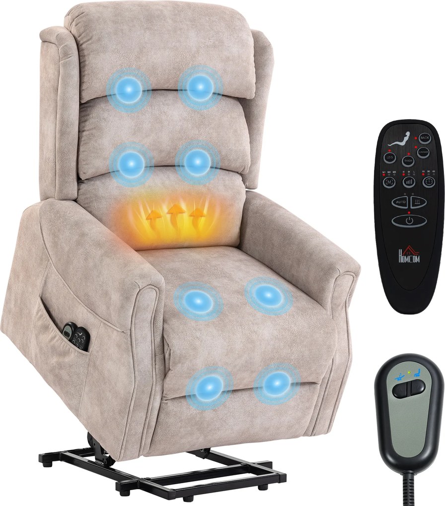 HOMCOM Elektrické křeslo s vybavením na vstávání s vibrační masáží a teplem, elektrické relaxační křeslo z sametu, 80x160x82 cm, béžová